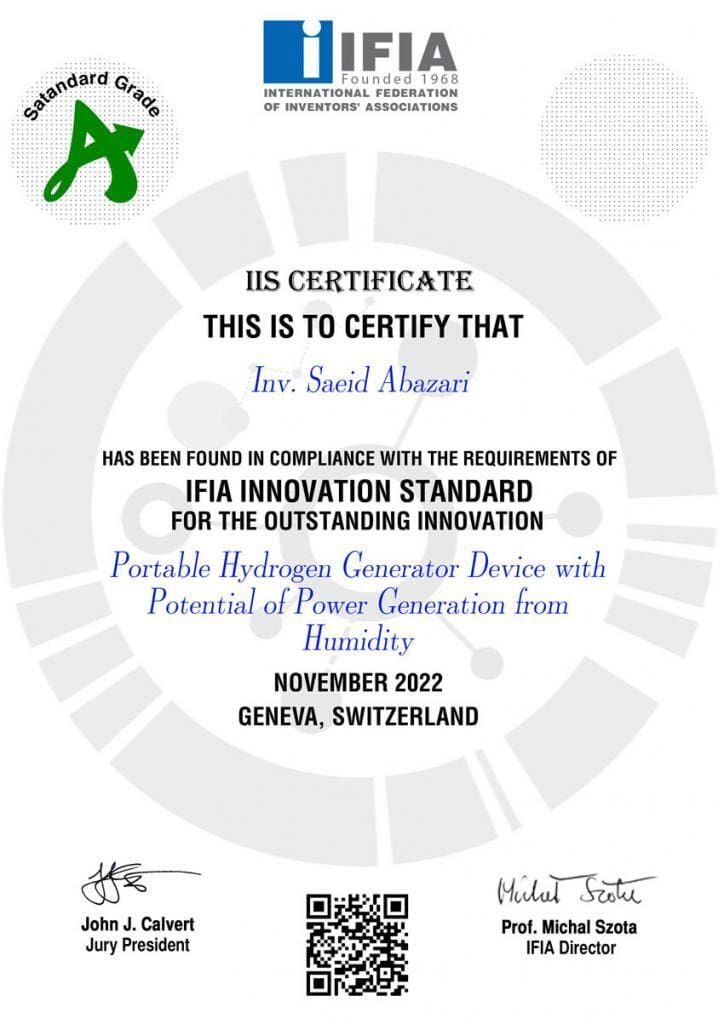 Portable Hydrogen Generator - IFIA Innovation Standard A